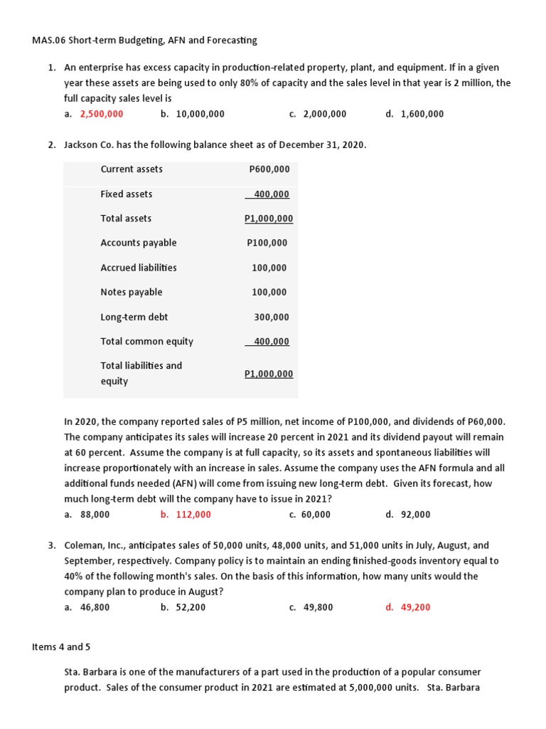 MAS.06 Drill Short-Term Budgeting, AFN and Forecasting | PDF | Equity ...