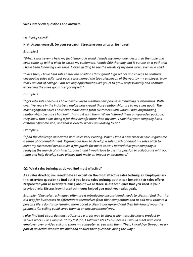 Sales Interview Questions And Answers Download Free Pdf Sales Job