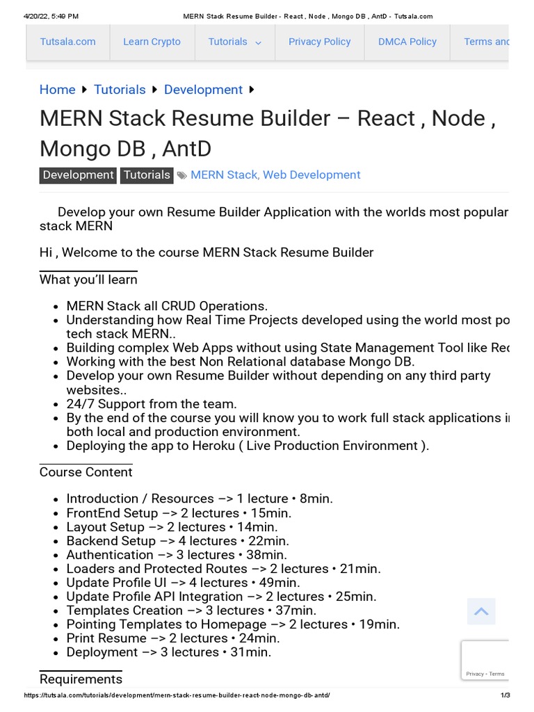 Mern Stack Resume Builder React Node Mongo Db Antd Pdf Computing World Wide Web