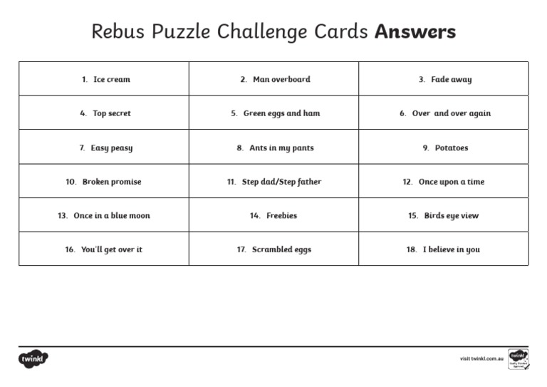 DINGBATS TWINKL ANSWERS Rebus Puzzle Group Challenge Cards Answers | PDF