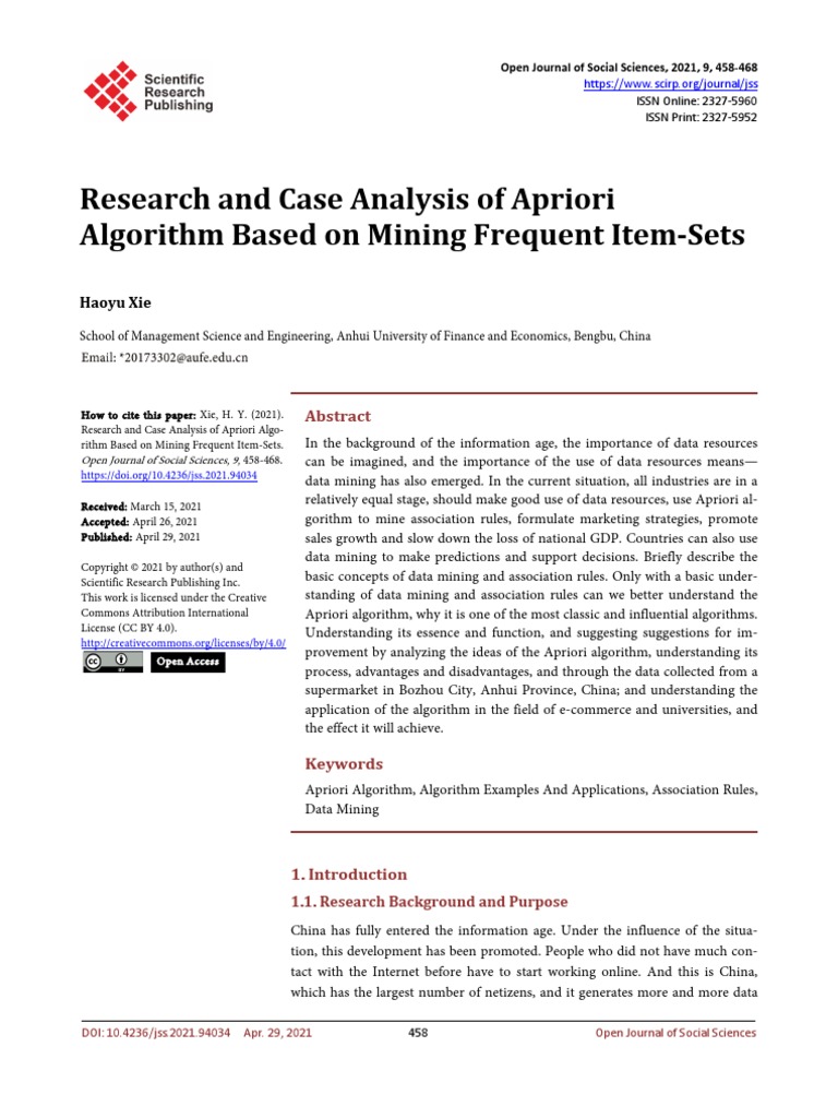 Research and Case Analysis of Apriori Algorithm Based On Mining Frequent Item-Sets | PDF | Data ...