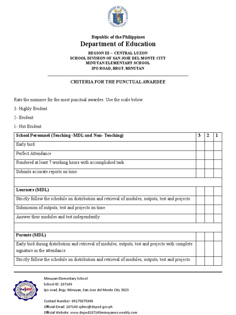 Criteria for Most Punctual Award | PDF