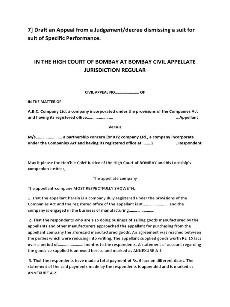 7) Draft An Appeal From A Judgement/decree Dismissing A Suit For Suit ...