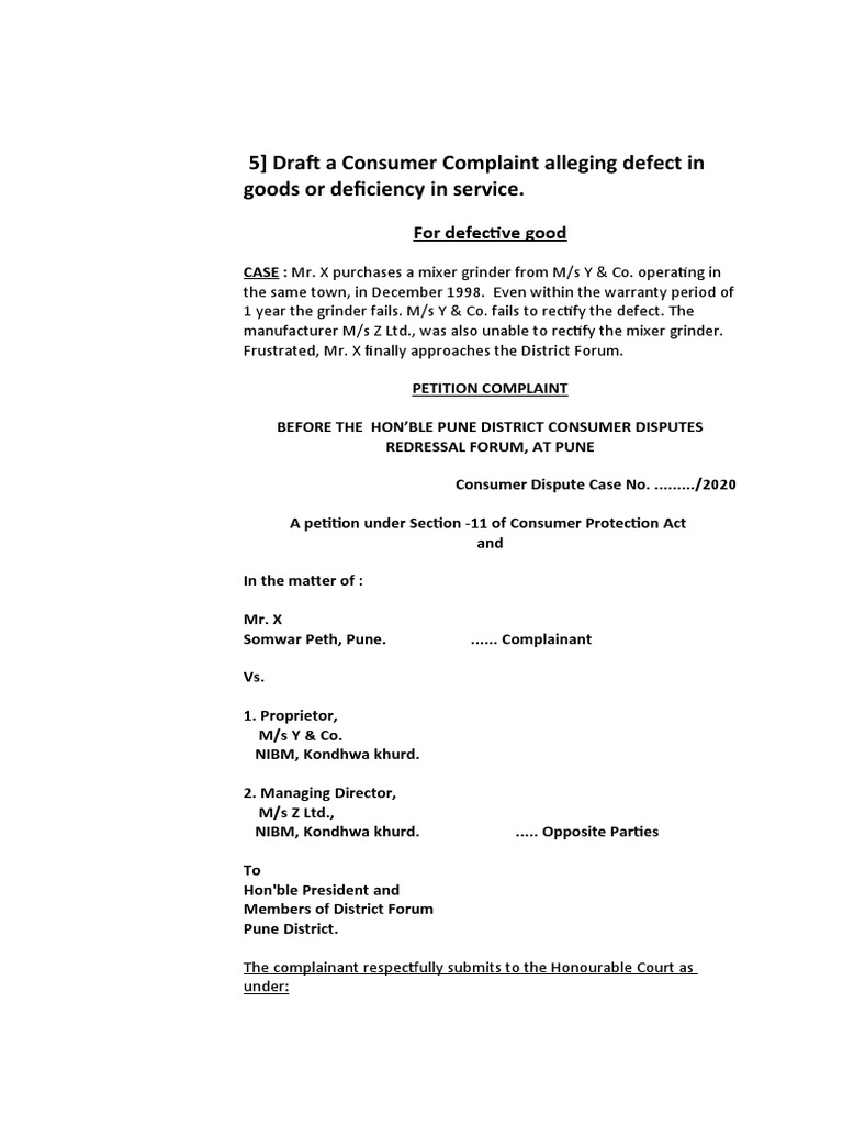 5) Draft A Consumer Complaint Alleging Defect in Goods or Deficiency in ...