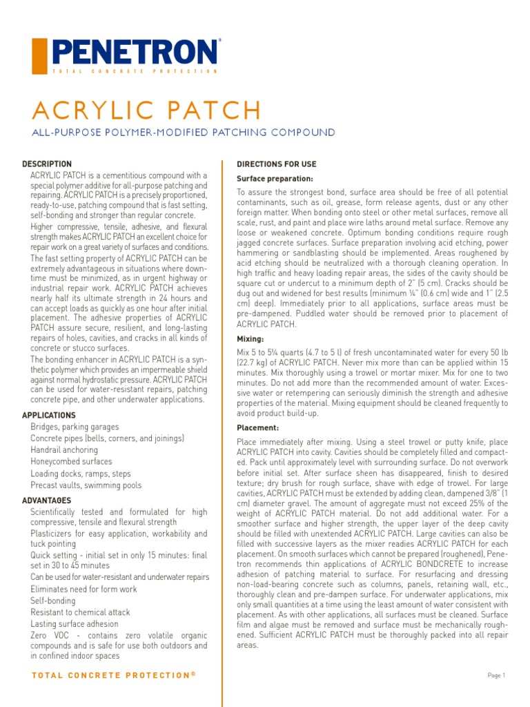 Acrylic Patch PDS (H11) | PDF | Concrete | Poly(Methyl Methacrylate)
