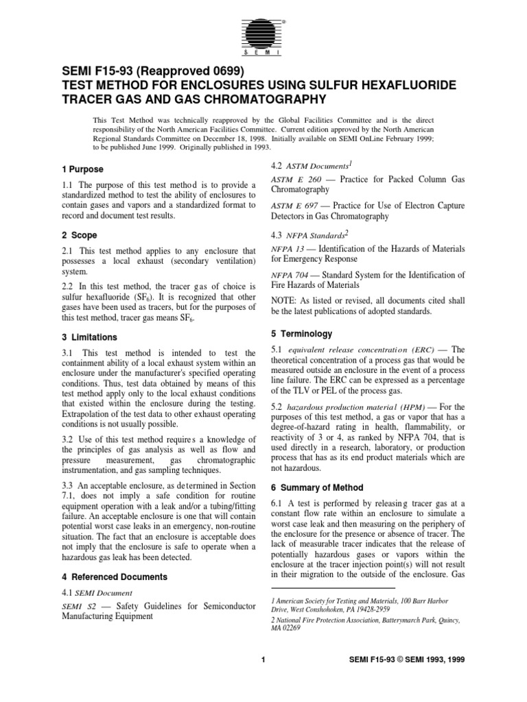 SEMI F15-93 Test Method For Enclosures Using Sulfur Hexafluoride Tracer ...