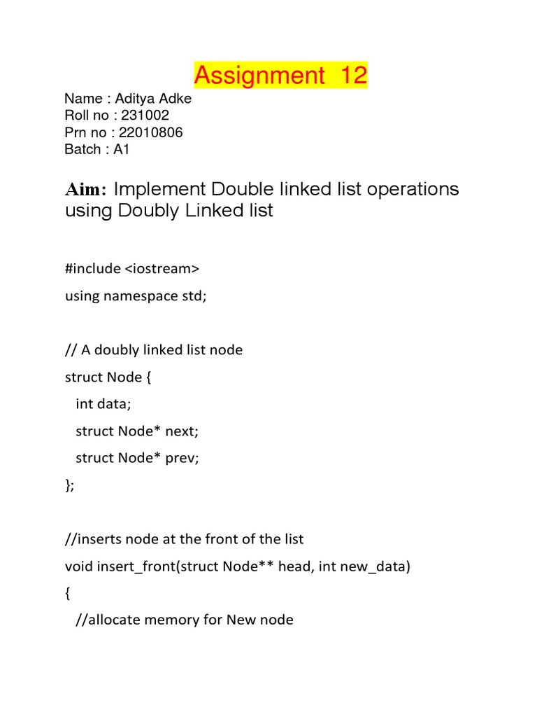 Assignment 12 Aim Implement Double Linked List Operations Pdf 7933