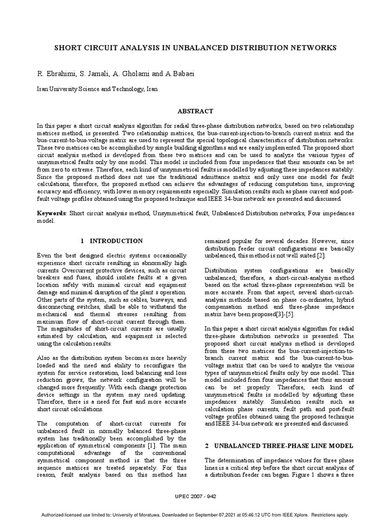 Short Circuit Analysis in Unbalanced Distribution Networks: R. Ebrahimi, S. Jamali, A. Gholami ...