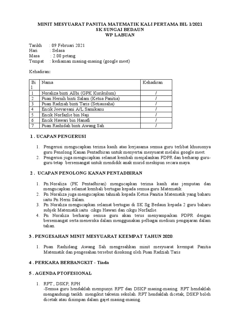 Minit Mesyuarat Panitia Matematik Kali Pertama 2021 | PDF