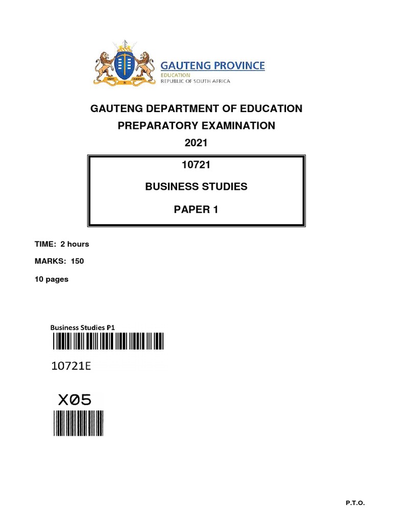 Grade 12 NSC Business Studies P1 (English) 2021 Preparatory Examination ...