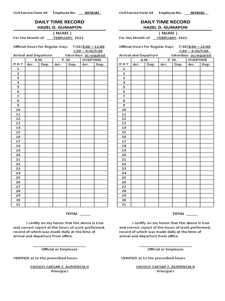 Daily Time Record Daily Time Record: Hazel D. Gumapon Hazel D. Gumapon ...