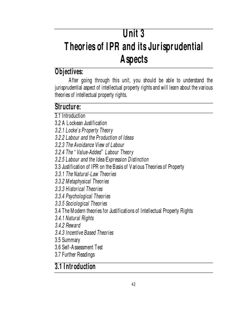 Unit 3 Theories of IPR and Its Jurisprudential Aspects: Objectives | PDF