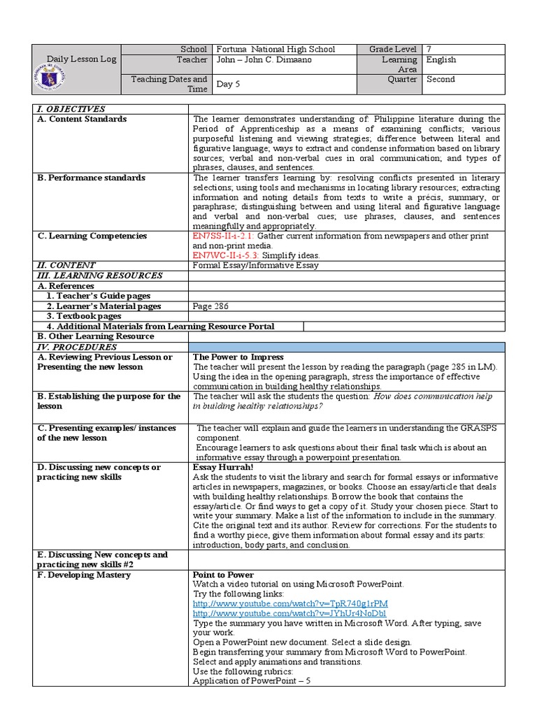 I. Objectives: EN7SS-II-i-2.1: EN7WC-II-i-5.3 | PDF | Essays ...