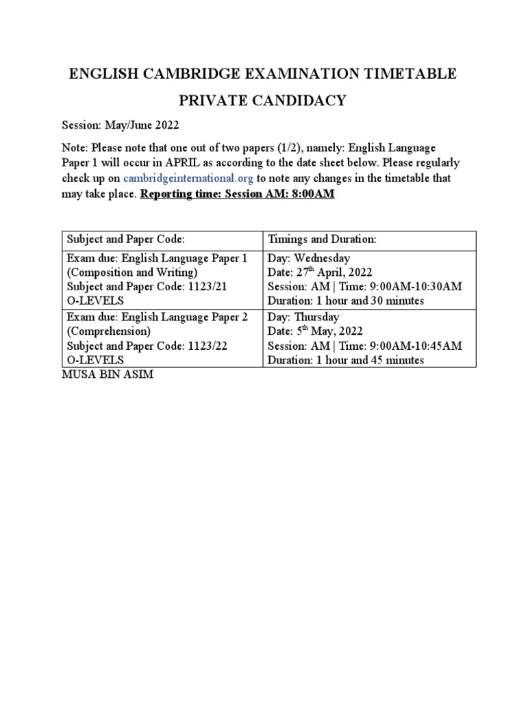 English Cambridge Examination Timetable | PDF | Language Arts ...