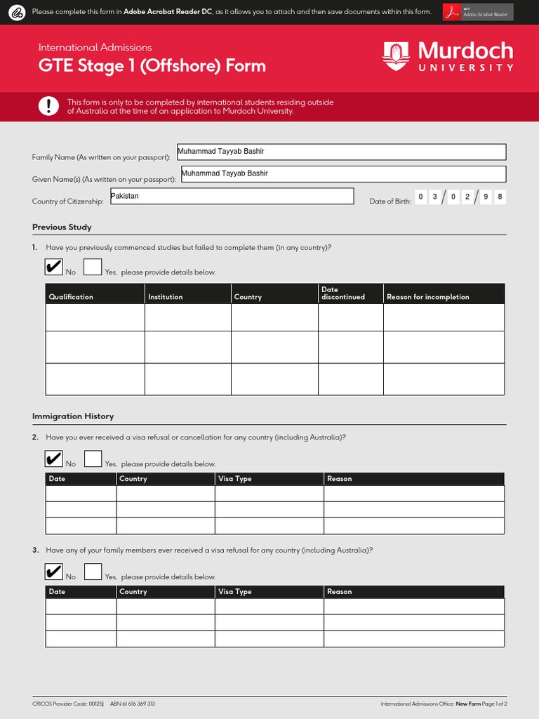 GTE Stage 1 (Offshore) Form: International Admissions | PDF | Travel ...
