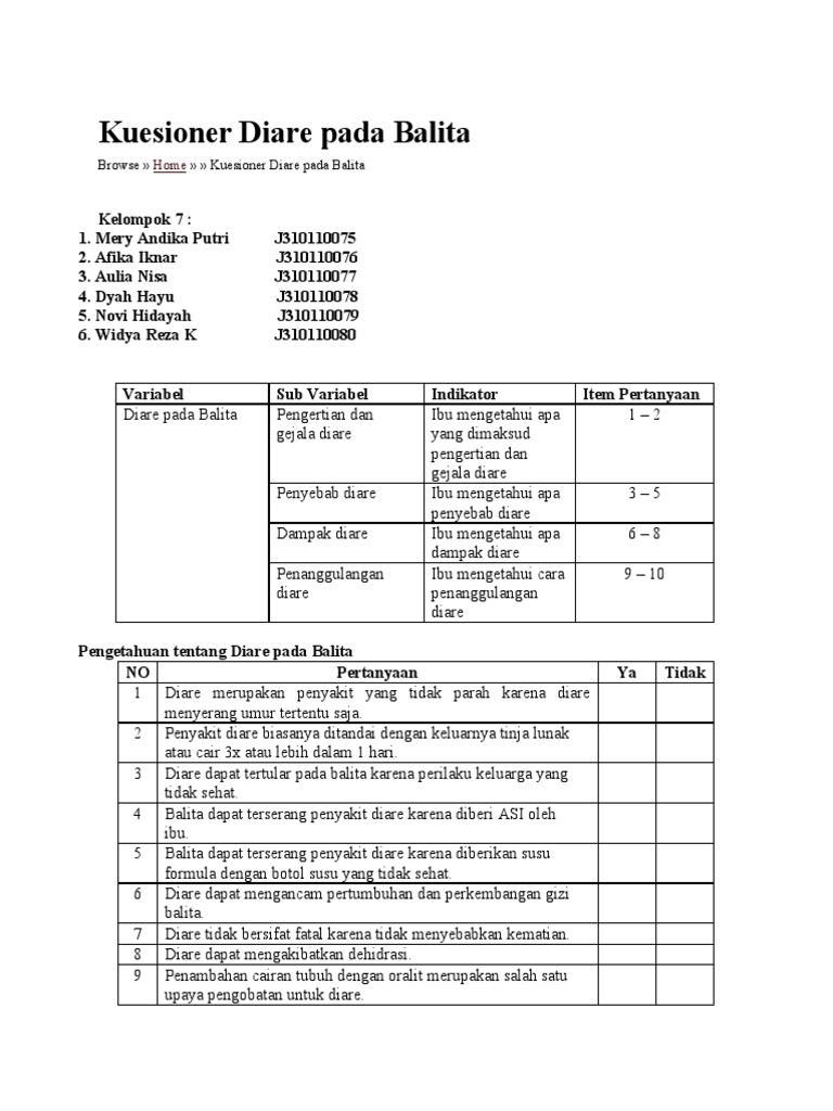 Kuesioner Diare Pada Balita | PDF