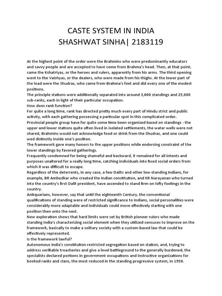 Caste System in India SHASHWAT SINHA - 2183119 | PDF