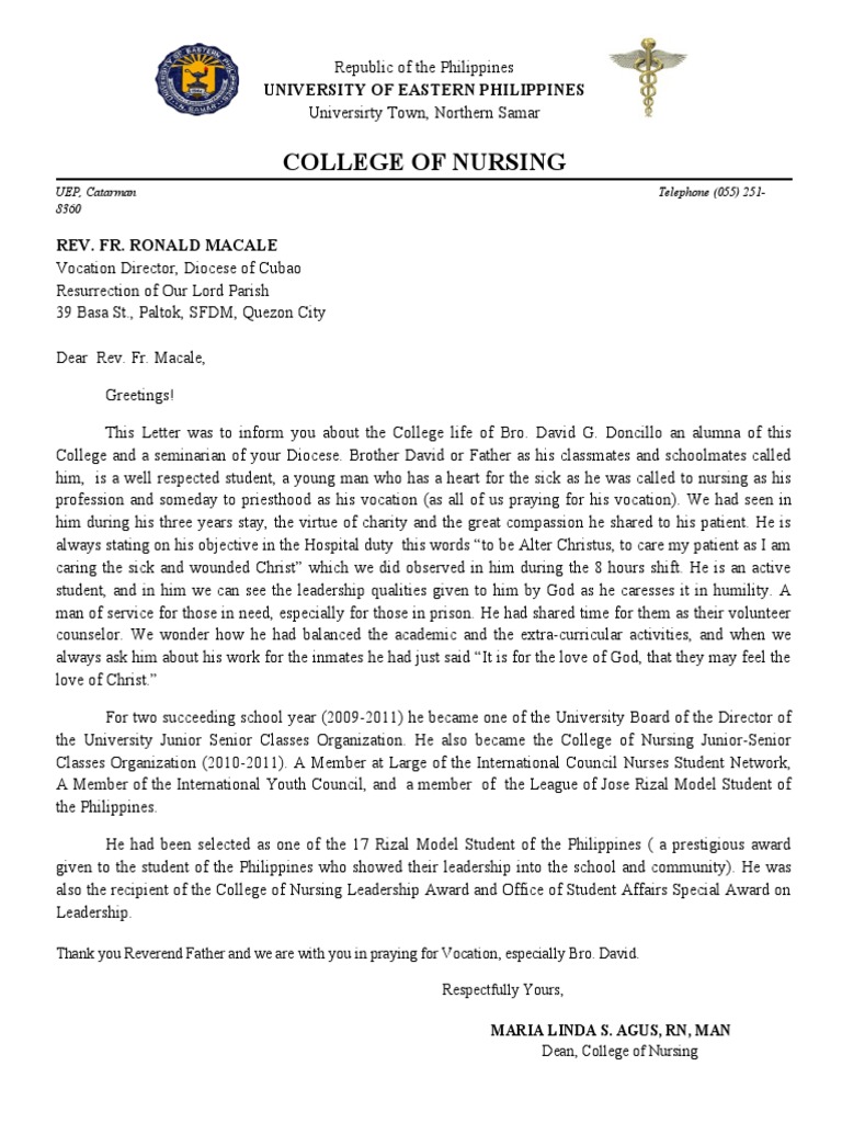 Letter To Vocation Director | PDF | Nursing