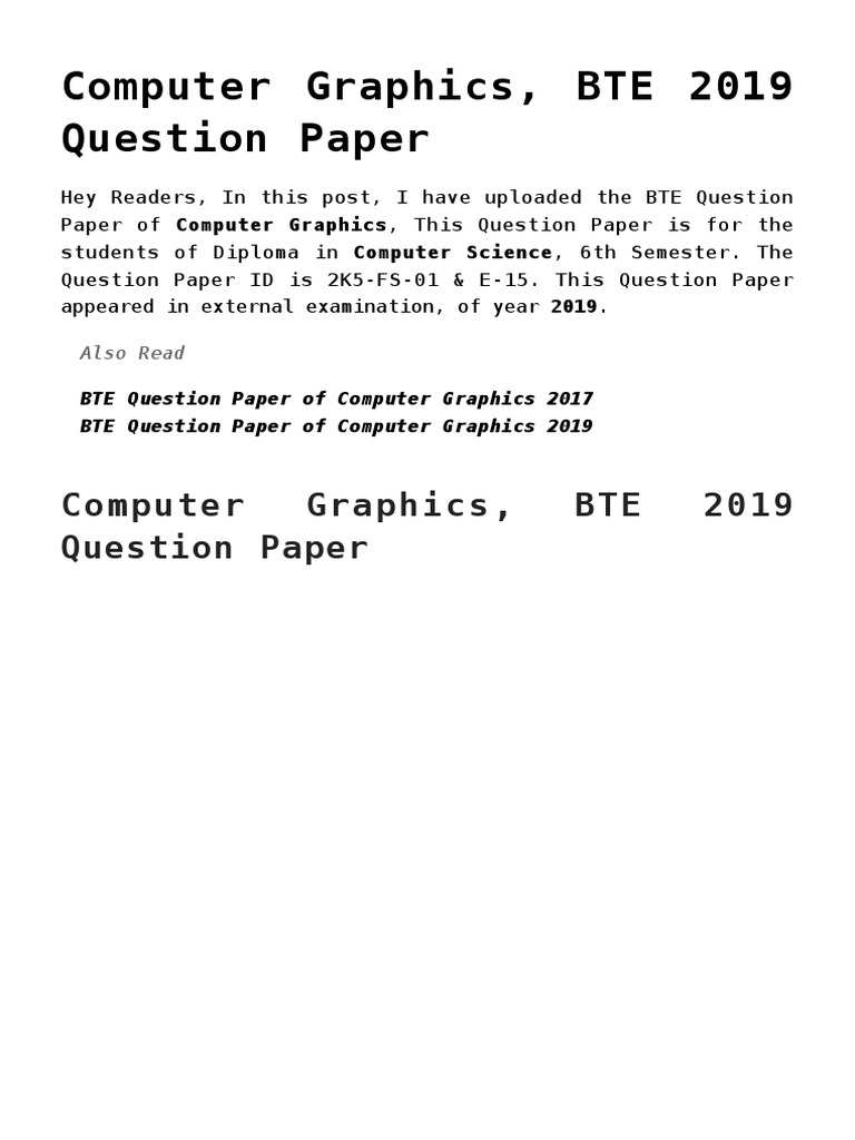 Computer Graphics, BTE 2019 Question Paper | PDF