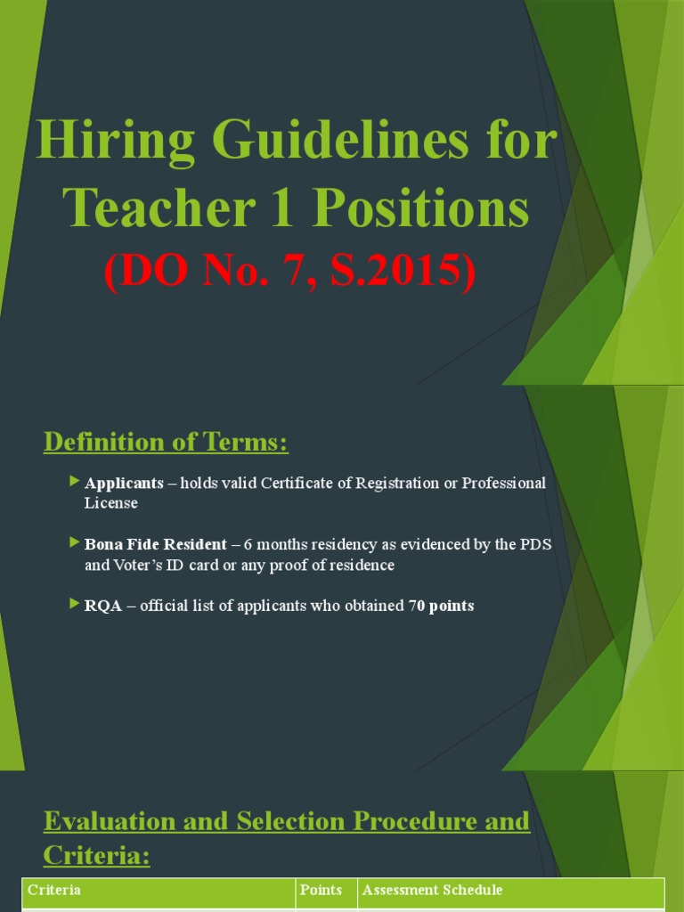 Hiring Guidelines For Teacher 1 Positions | PDF