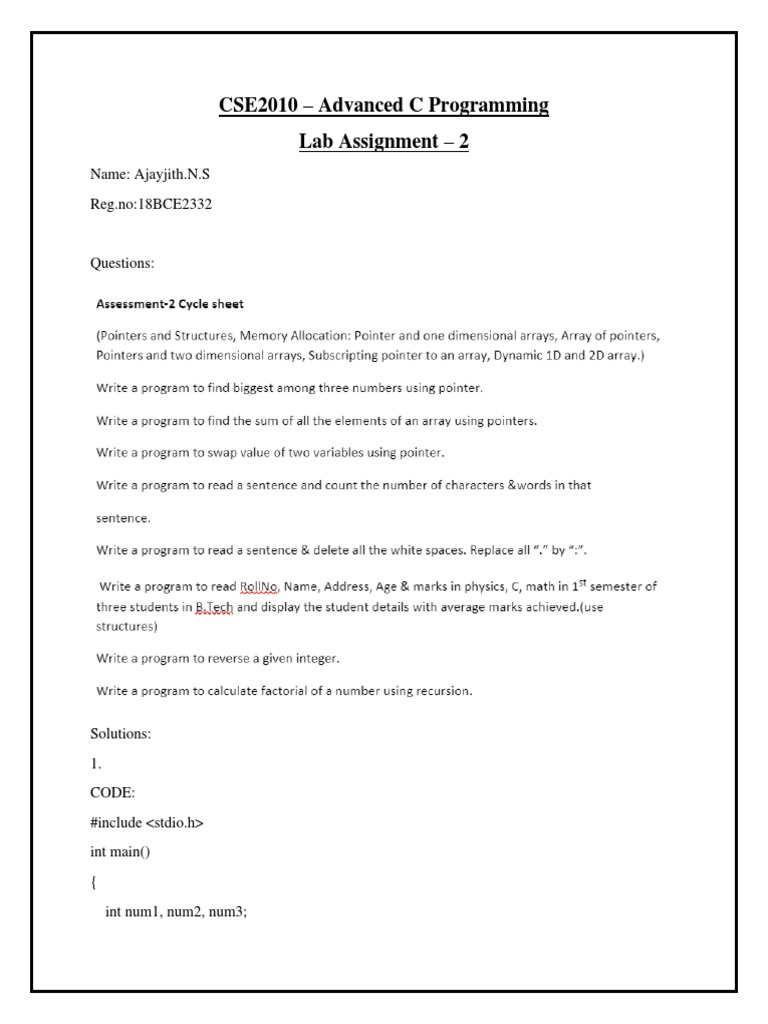 CSE2010 - Advanced C Programming Lab Assignment - 2: Name: Ajayjith.N.S Reg - no:18BCE2332 | PDF ...