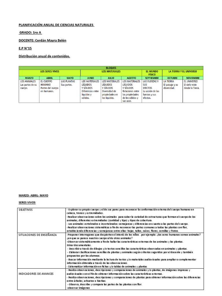 PLANIFICACIÓN ANUAL DE CIENCIAS NATURALES Primer Grador | PDF ...