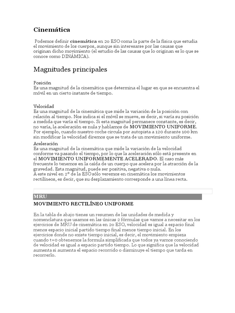 Cinemática 2º ESO: MRU y MRUA | PDF | Cinemática | Aceleración