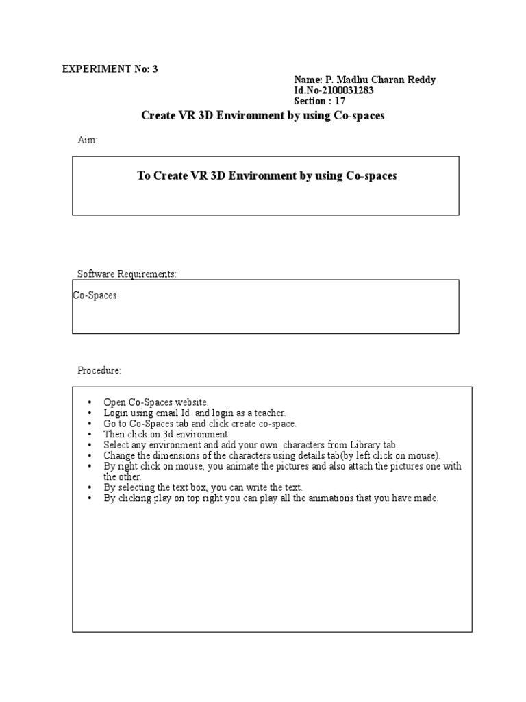 Create VR 3D Environment by Using Co-Spaces: Experiment No: 3 Name: P ...