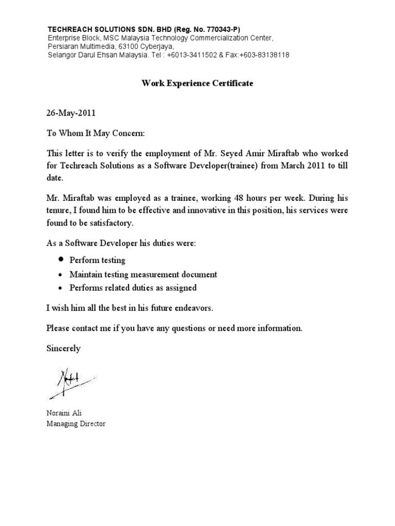 Experience Letter Format For Software Engineer Computer Science Intern