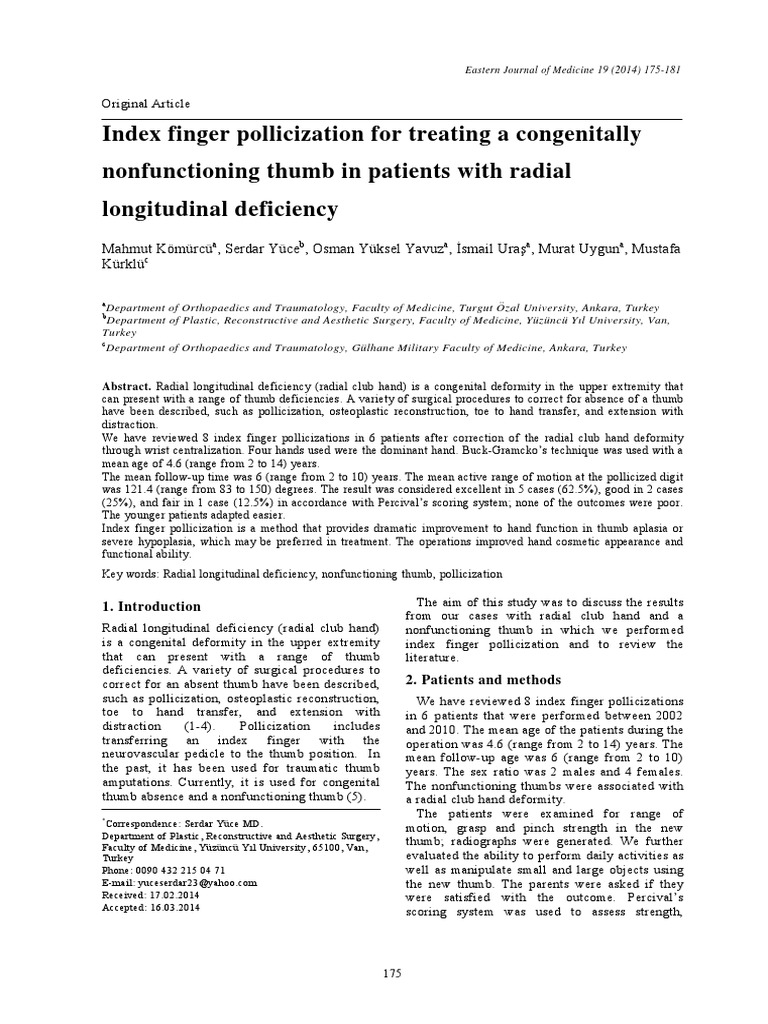 Index Finger Pollicization For Treating A Congenitally Nonfunctioning ...