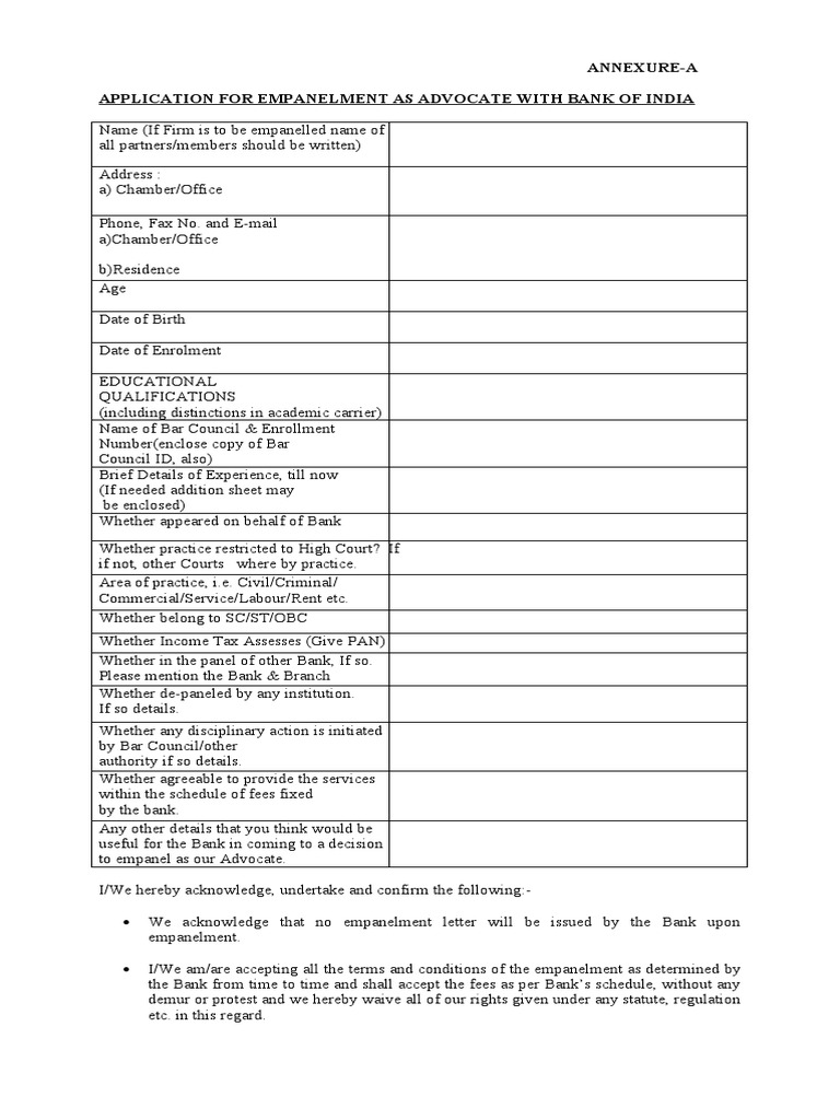 Annexure-A Application For Empanelment As Advocate With Bank of India ...