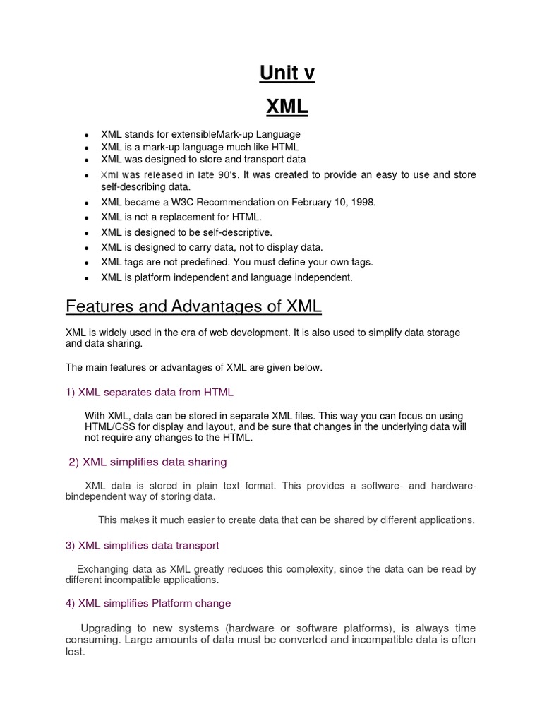Unit V XML: Features and Advantages of XML | PDF | Soap | Web Service