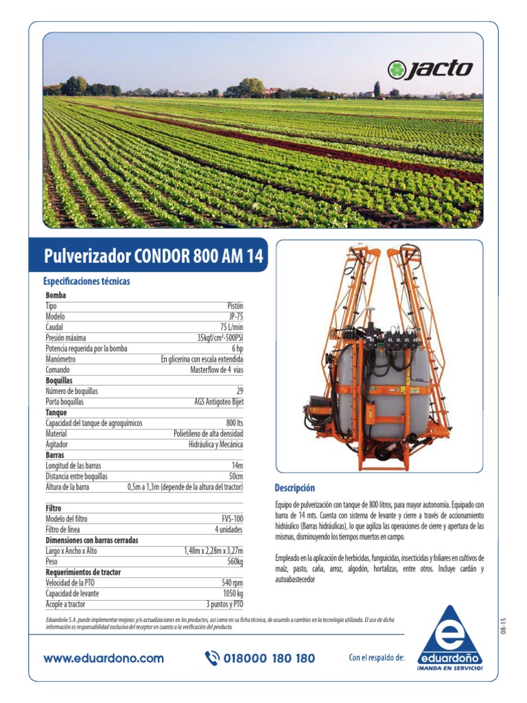 Pulverizador Condor 800 AM 14 Especificaciones | PDF