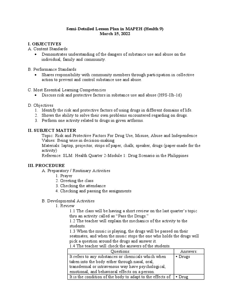 Lesson Plan: Drug Use Awareness in MAPEH | PDF | Substance Abuse ...