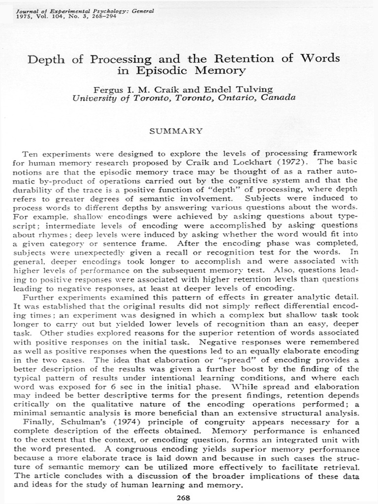 Craik e Tulving - Níveis de Processamento Da Memória | PDF