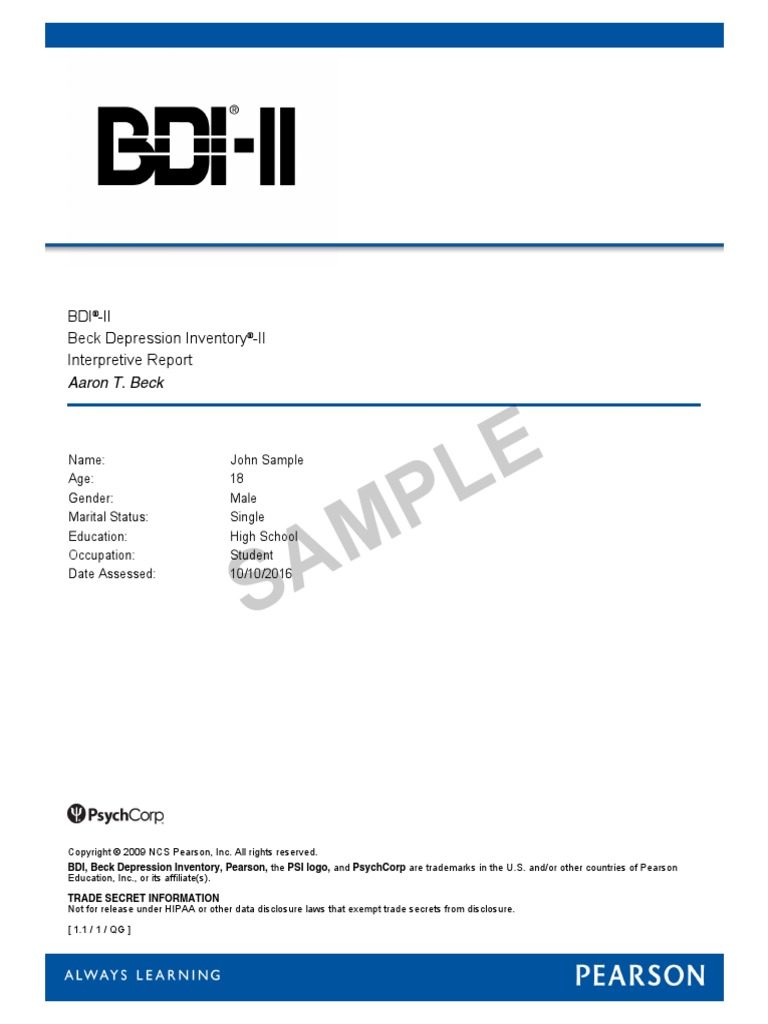 Fdocuments - in Aaron T Beck Sample Pearson Assessments Bdi Beck ...