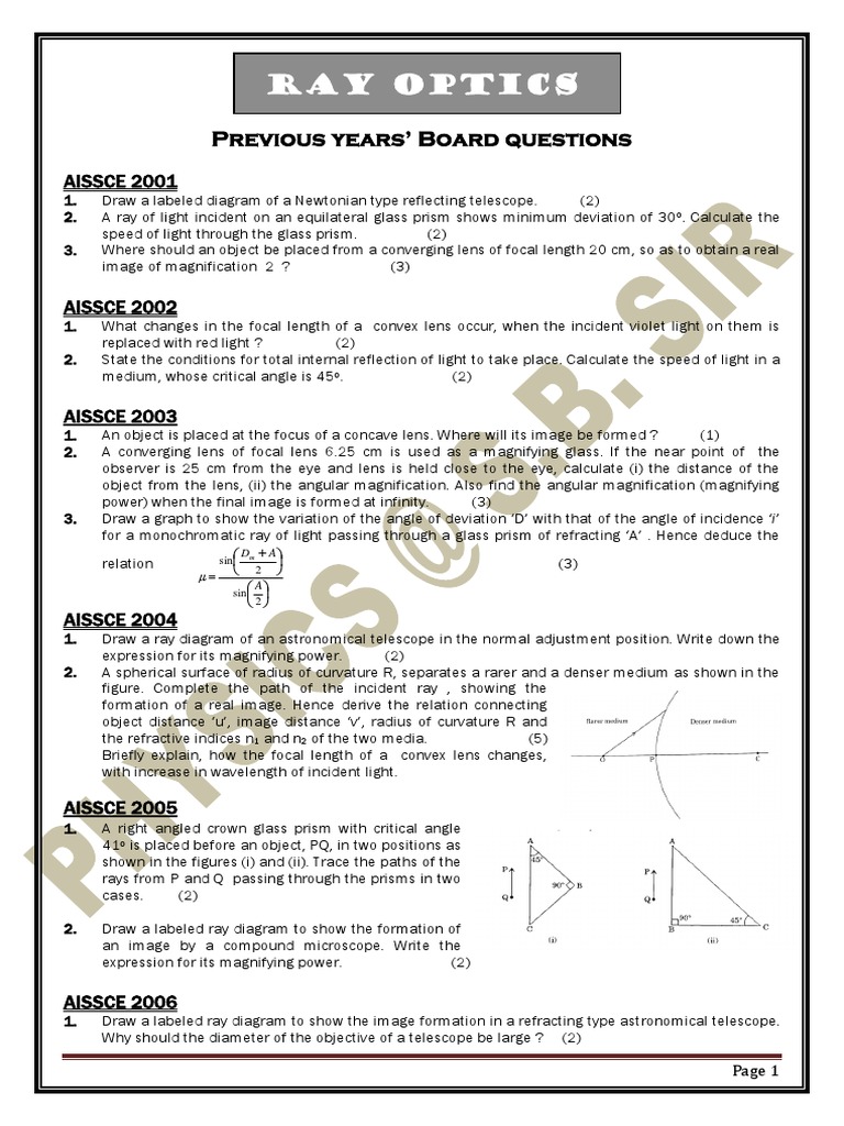 Ray Optics: Previous Years' Board Questions | PDF | Refractive Index ...