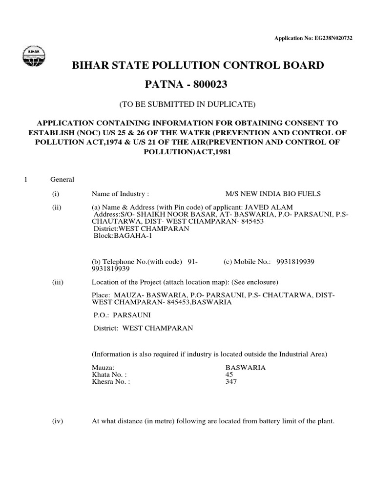 Bihar State Pollution Control Board PATNA - 800023: (To Be Submitted in ...