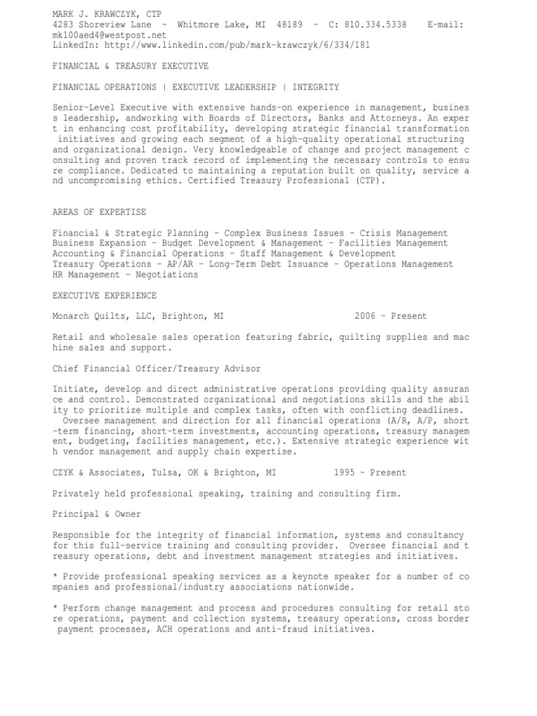 CFO or Treasurer or VP Treasury Operations or VP Finance or Dire | PDF ...