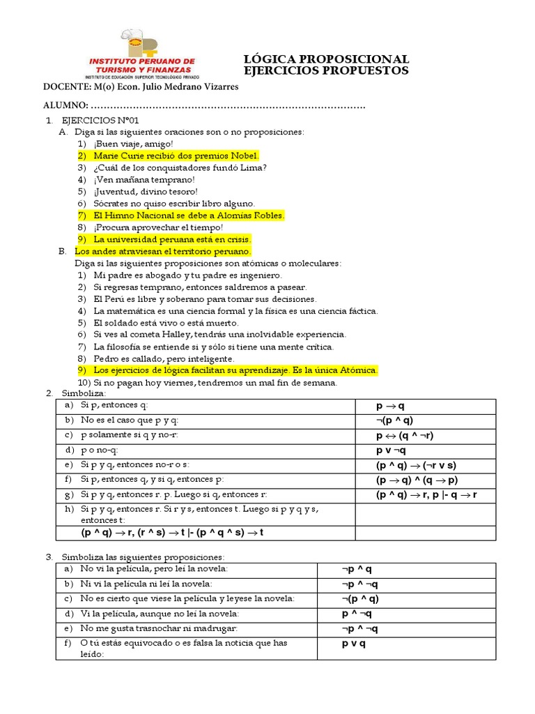 Lógica proposicional: Ejercicios de simbolización y formalización de enunciados | PDF ...