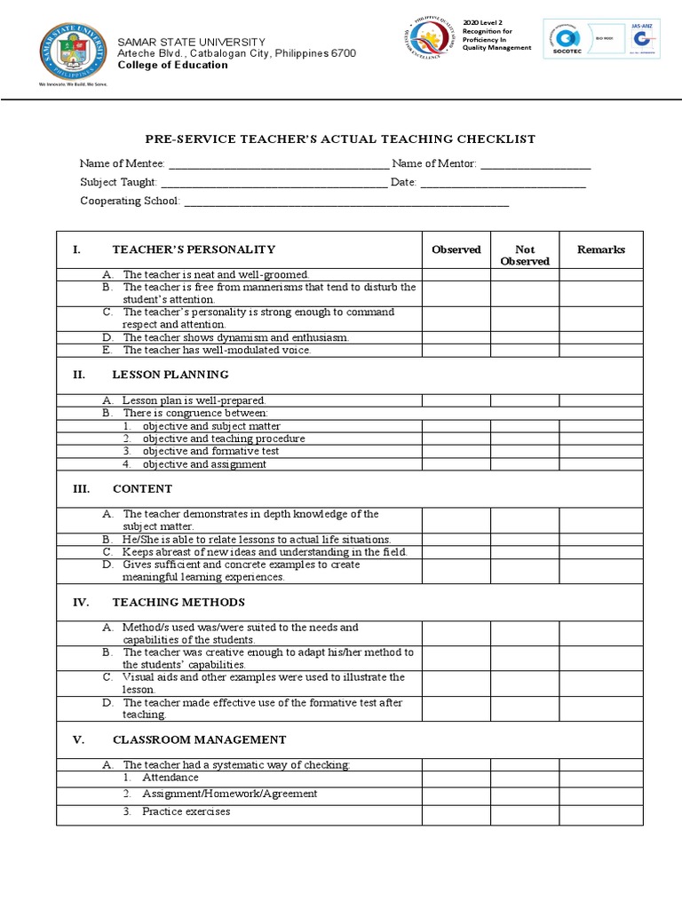 Pre-Service Teacher Evaluation Checklist | PDF | Teachers | Mentorship