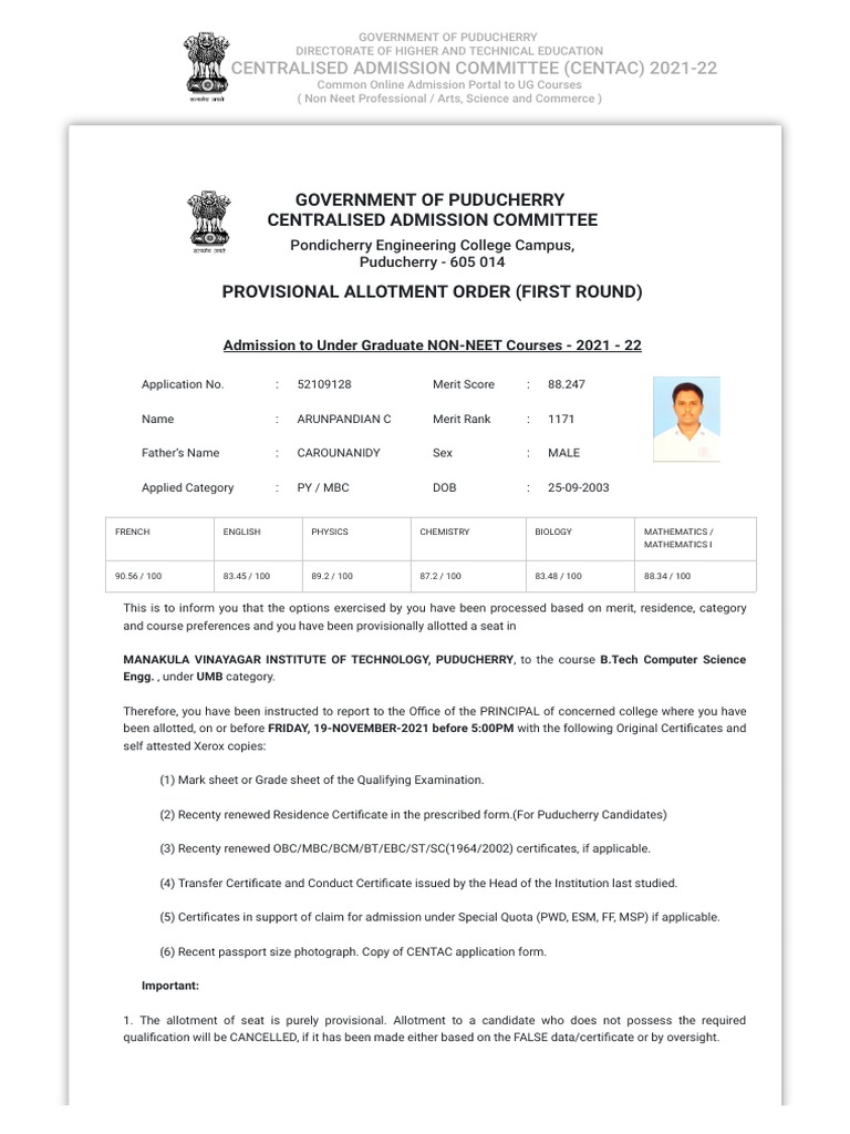 Allotment Order 2021 - First Round Professional - 52109128 ...