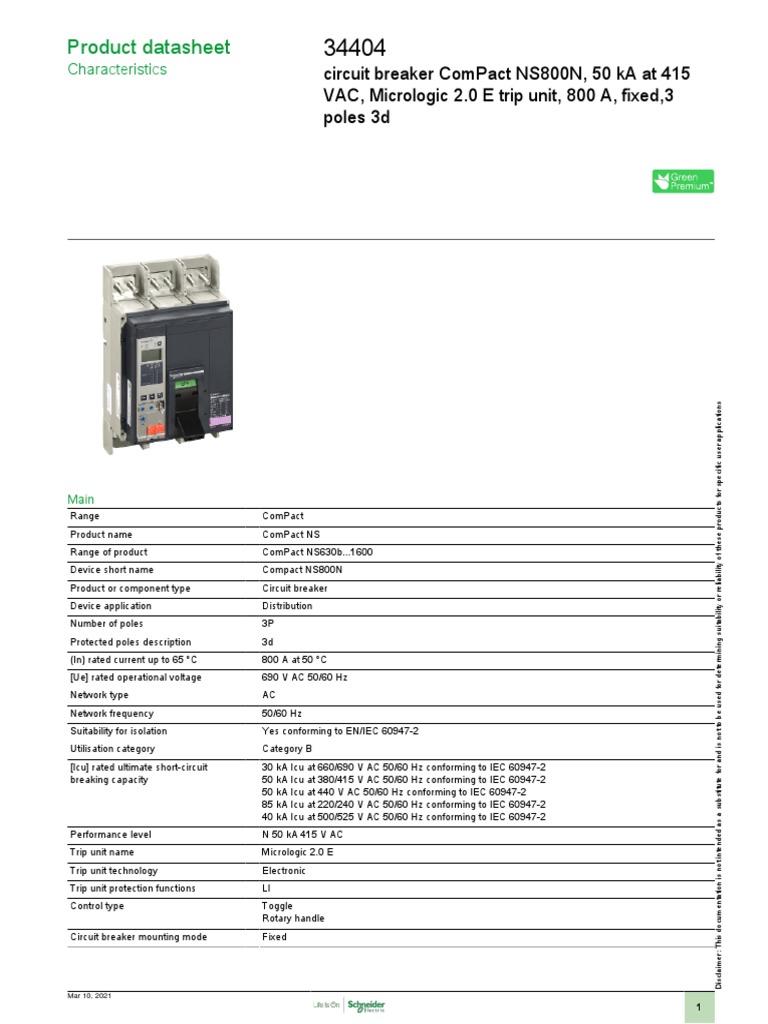 Product Datasheet: Circuit Breaker Compact Ns800N, 50 Ka at 415 Vac ...