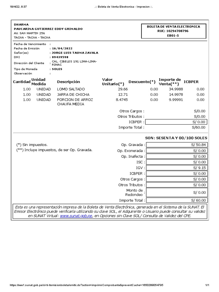 Boleta de Venta Electronica EB01 5 | PDF