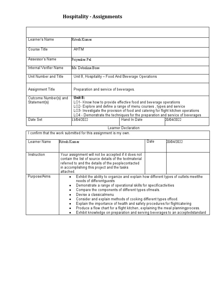 Hospitality - Assignments: Unit 8 | Download Free PDF | Pub | Vodka