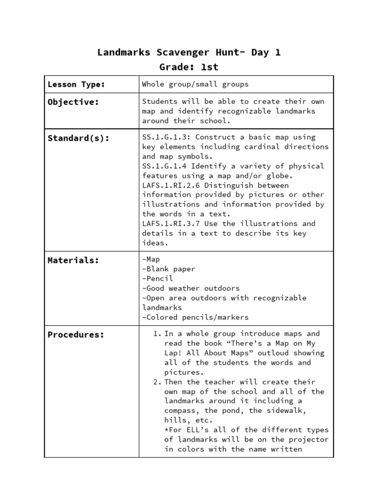Landmarks Scavenger Hunt for 1st Grade | PDF | Map