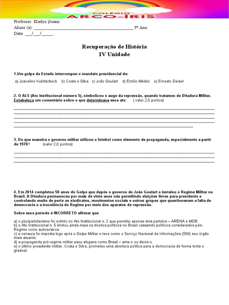 Recuperação de História 9 Ano | PDF | Brasil | Governo