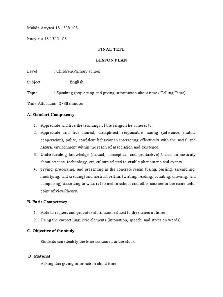 Lesson Plan - Final TEFL | PDF | Teachers | Lesson Plan