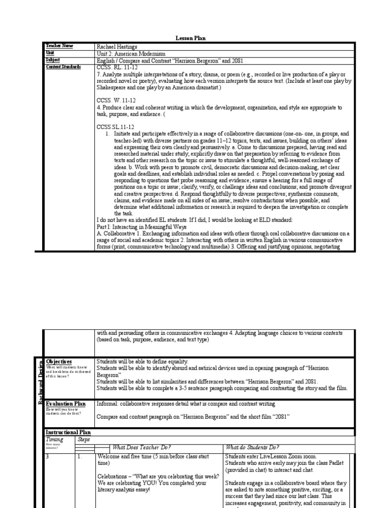 Compare and Contrast HB and 2081 Lesson Plan | PDF | Essays | Learning
