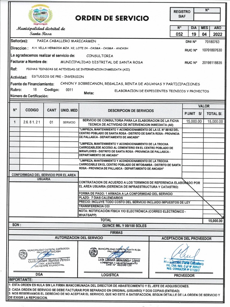 Orden de Servicio para Trabajo en Municipalidad | PDF